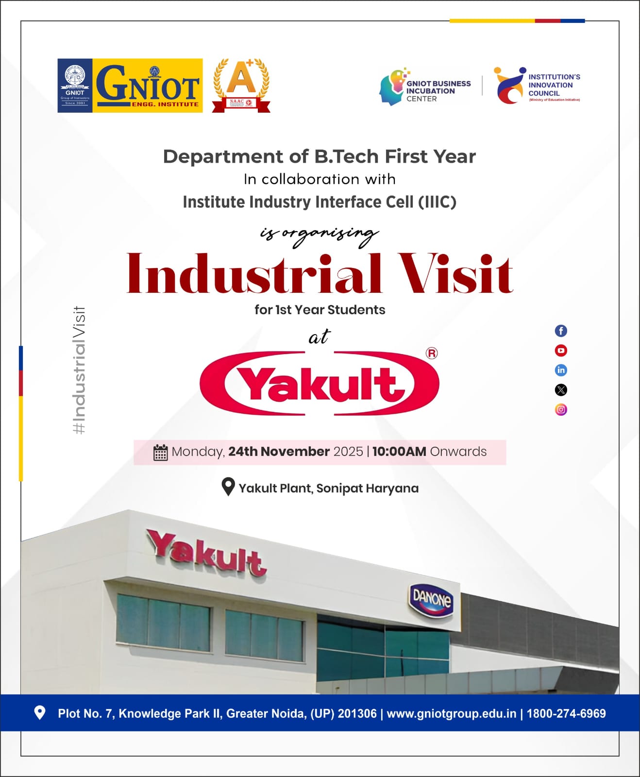Industrial Visit to Yakult Danone for BTech First Year Students | GNIOT Campus, Greater Noida